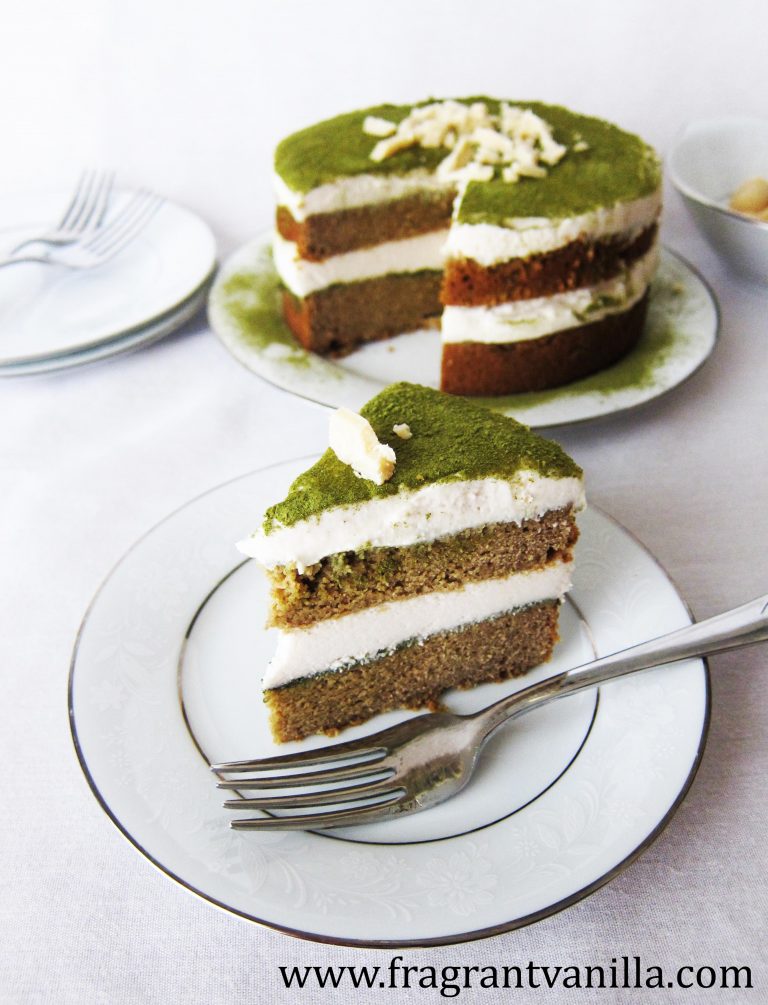 Vegan Matcha White Chocolate Tiramisu Cake | Fragrant Vanilla Cake